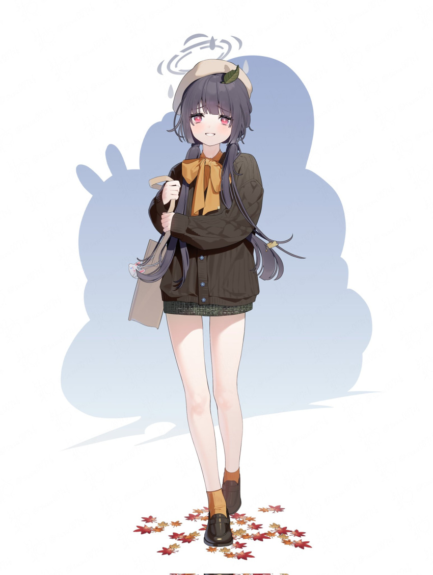 Safebooru - 1girl autumn leaves beret black footwear black hair blue archive brown cardigan ...