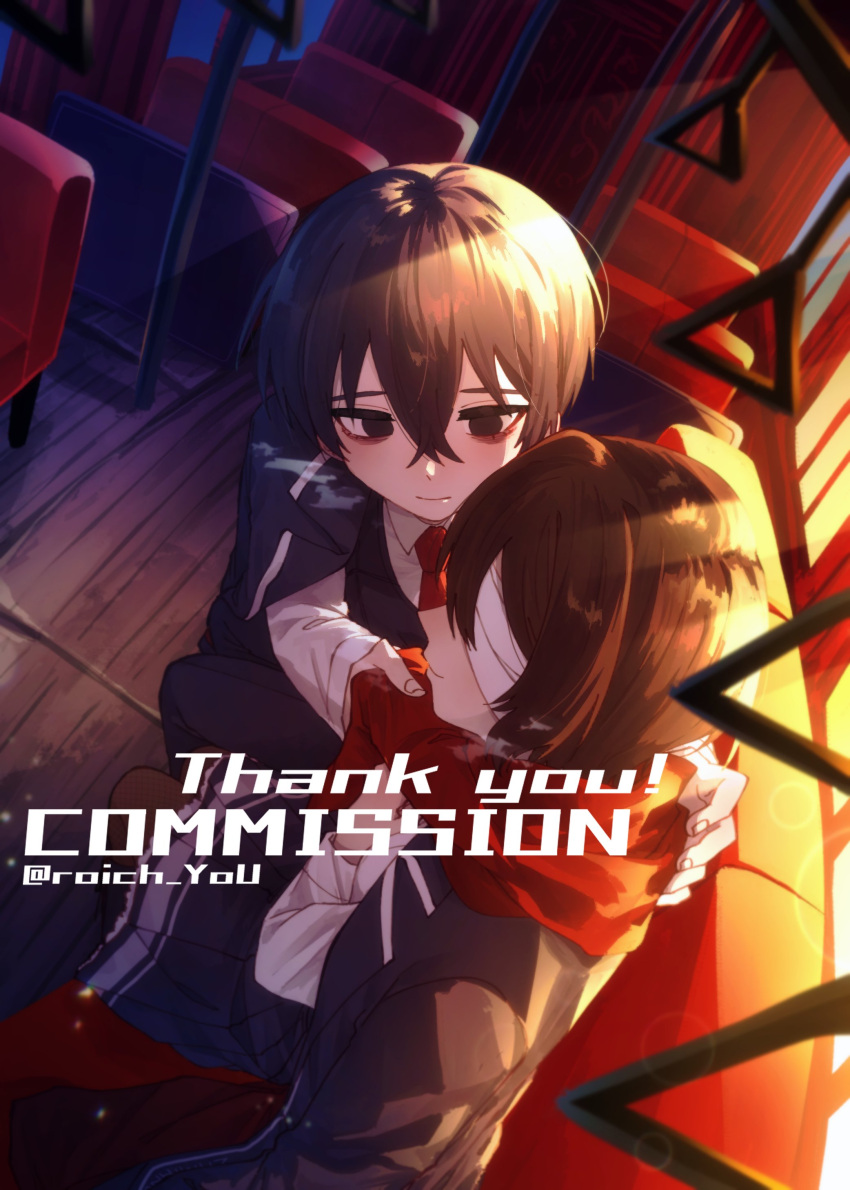 Safebooru - 1boy 1girl absurdres bandages bandages over eyes black coat black skirt brown hair ...