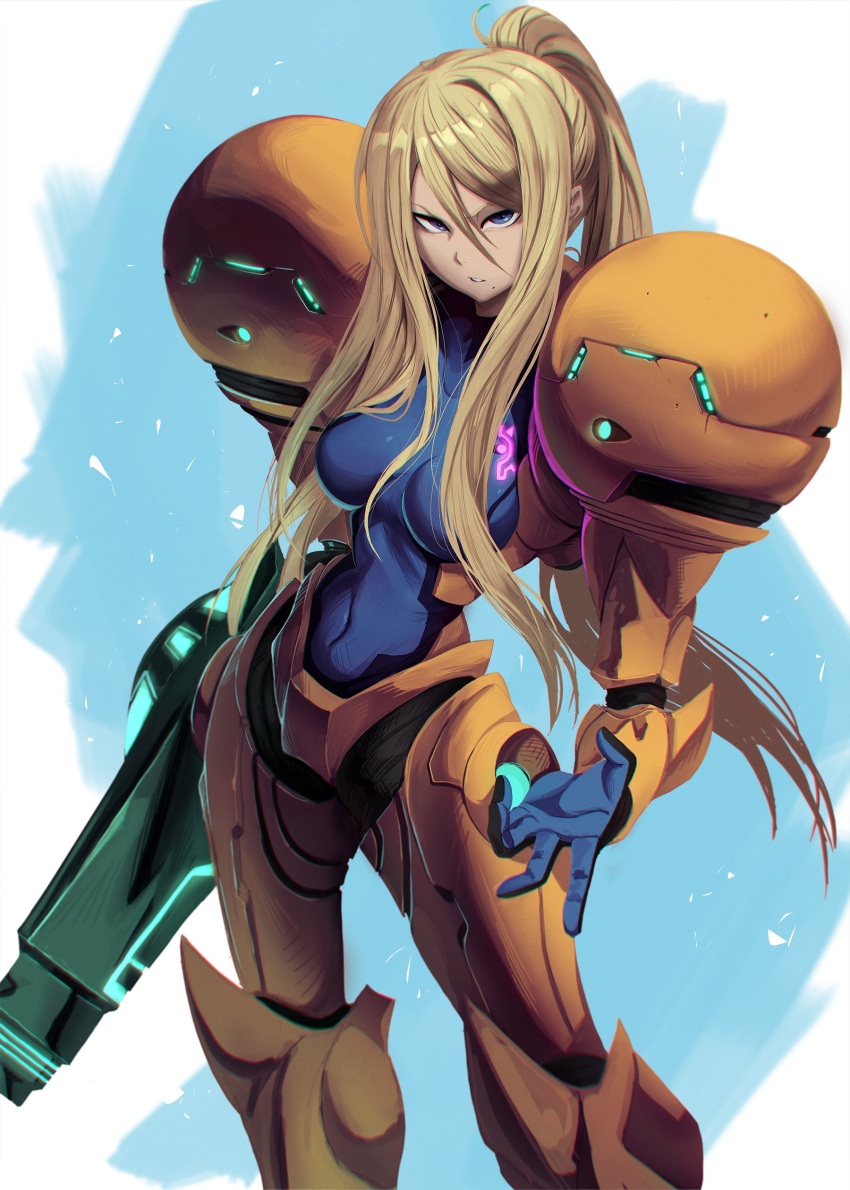 Safebooru - 1girl absurdres arm cannon armor blonde hair blue bodysuit blue eyes bodysuit cannon ...