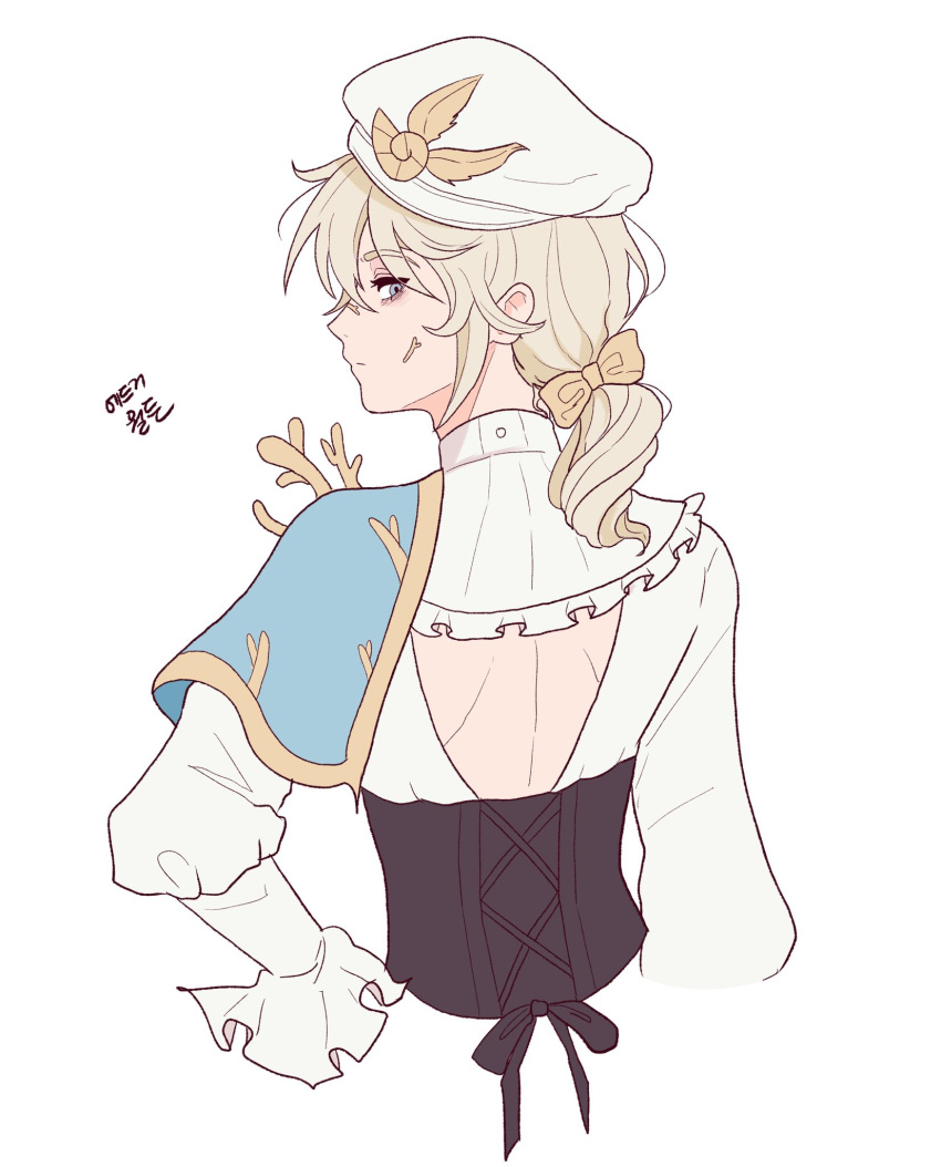 Safebooru - back back focus backless outfit bare back beret black corset blonde hair blue eyes ...