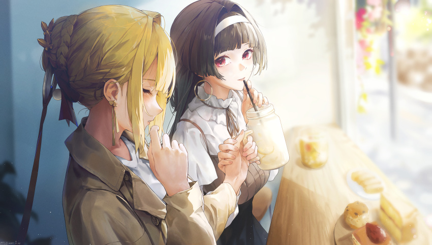 Safebooru - 2girls absurdres alternate costume astra yao black hair blonde hair cake casual ...