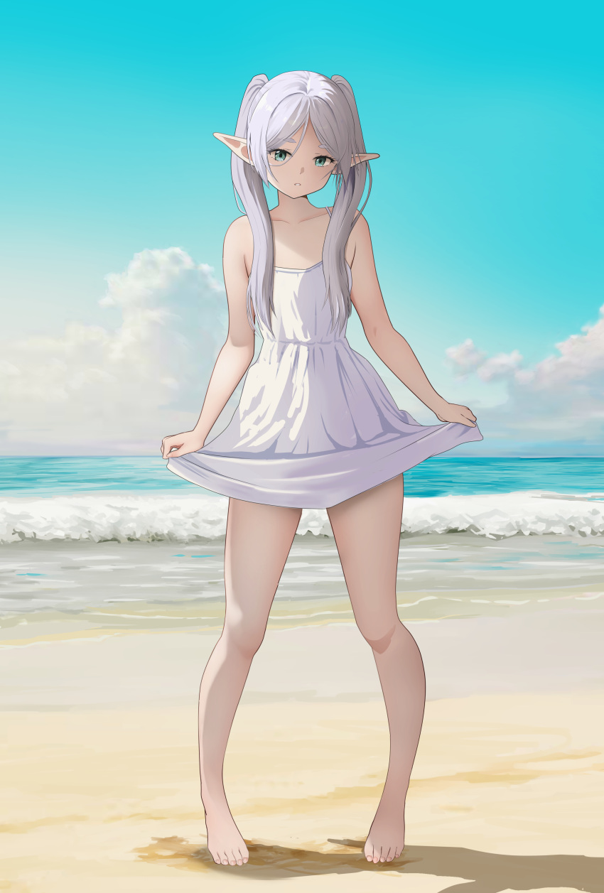 Safebooru - 1girl absurdres bare shoulders barefoot beach clouds cloudy sky collarbone dress ...