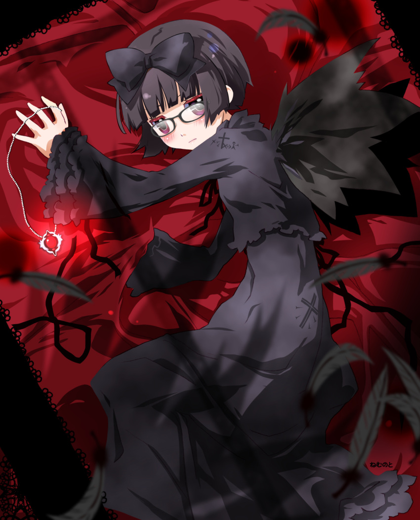 Safebooru - 1girl black-framed eyewear black dress black hair black ribbon black wings blush bob ...