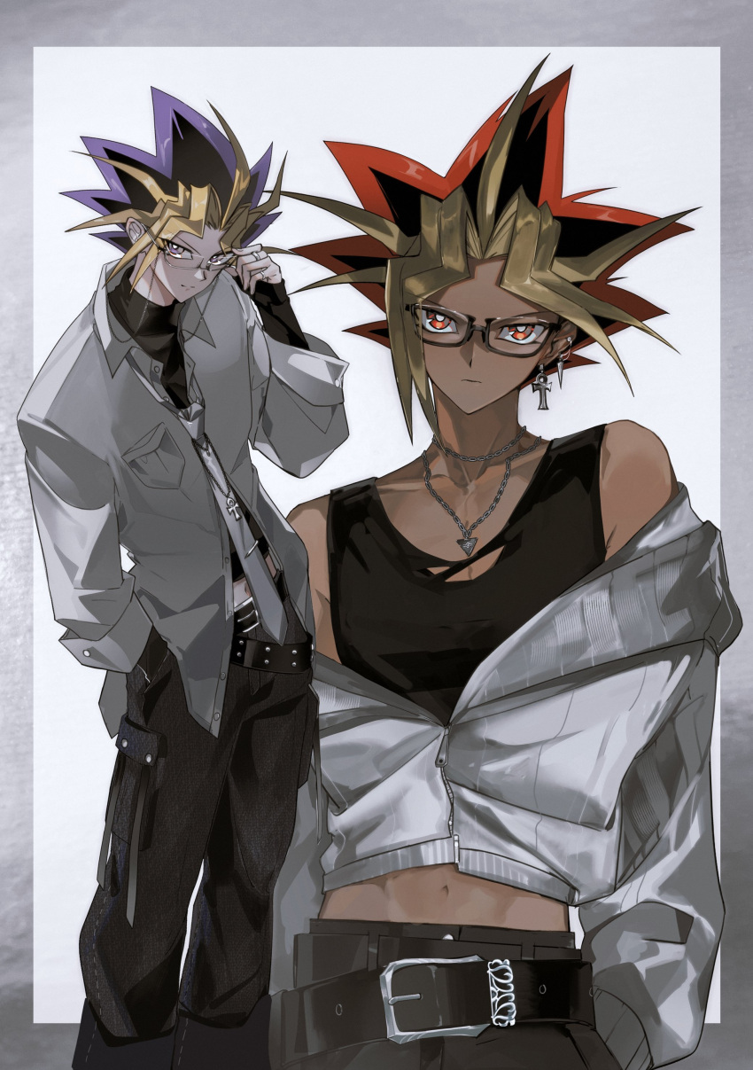 Safebooru - 2boys absurdres adjusting eyewear ankh earrings atem bare ...
