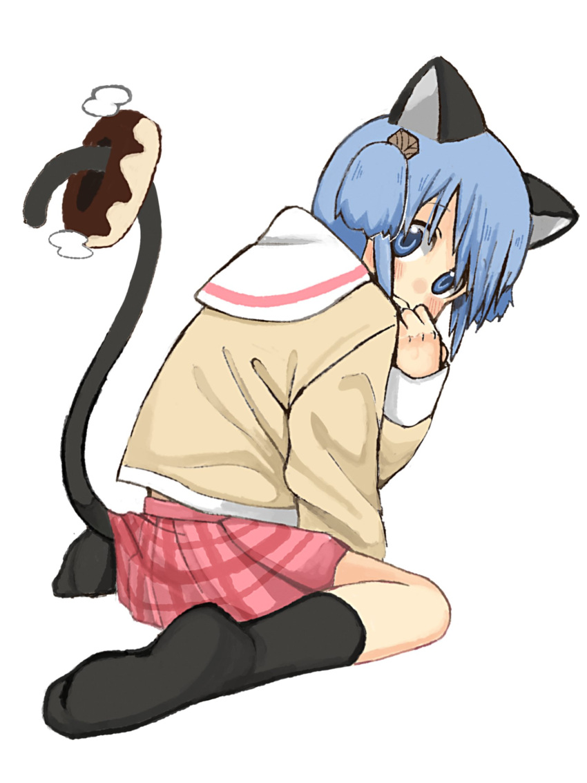 Safebooru - 1girl animal ears arawi keiichi (style) black socks blue hair cat ears cat girl cat ...