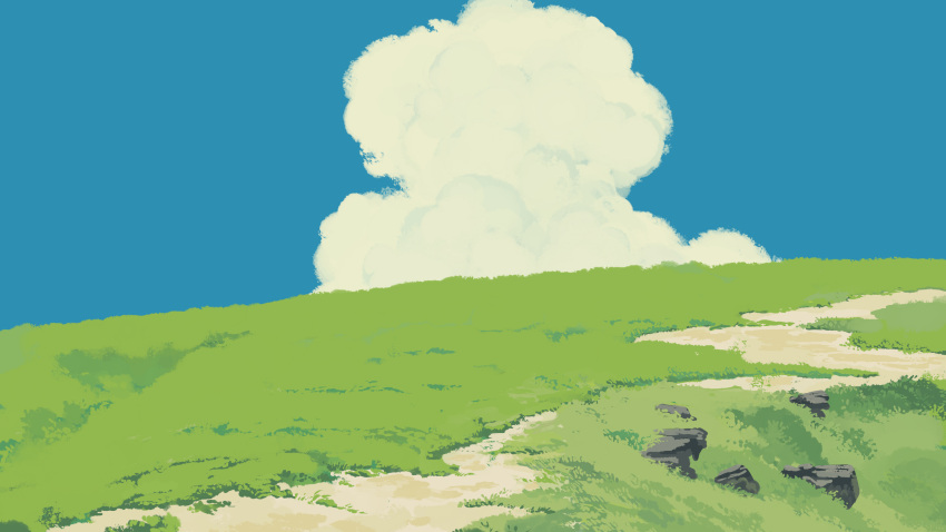 Safebooru - bangqiao yan blue sky clouds day grass highres no humans original outdoors rock ...