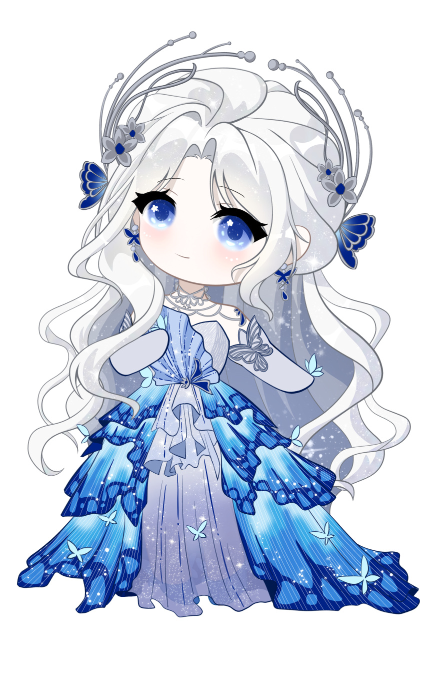 Safebooru - 1girl absurdres animal print bare shoulders blue butterfly blue dress blue eyes bug ...