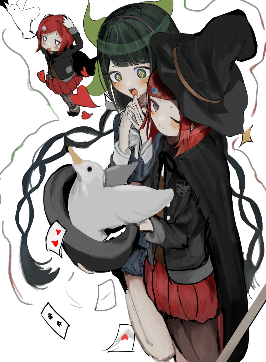 Safebooru - 2girls :d ;) animal bird black hat black jacket blush brown hair brown pantyhose ...