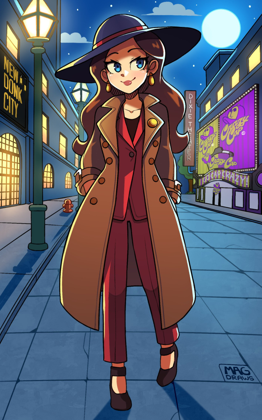 Safebooru - 1girl artist name black hat blue eyes brown coat brown hair coat earrings full moon ...