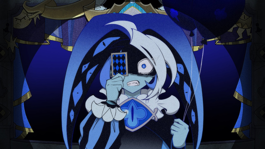 Safebooru - 1boy balloon blue eyes blue hat blue skin brooch card ...