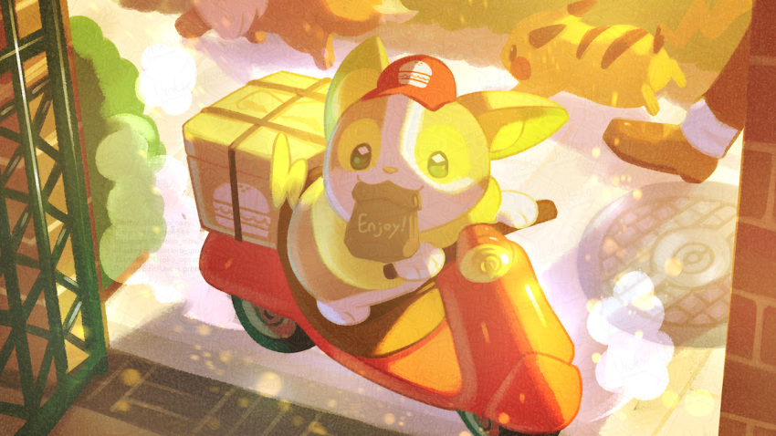 Safebooru - 1boy bag box brown shoes delivery eevee green eyes hat ...