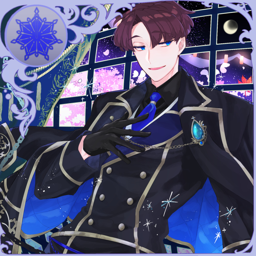 Safebooru - 1boy black gloves black jacket black vest blue eyes blue necktie brown hair gloves ...