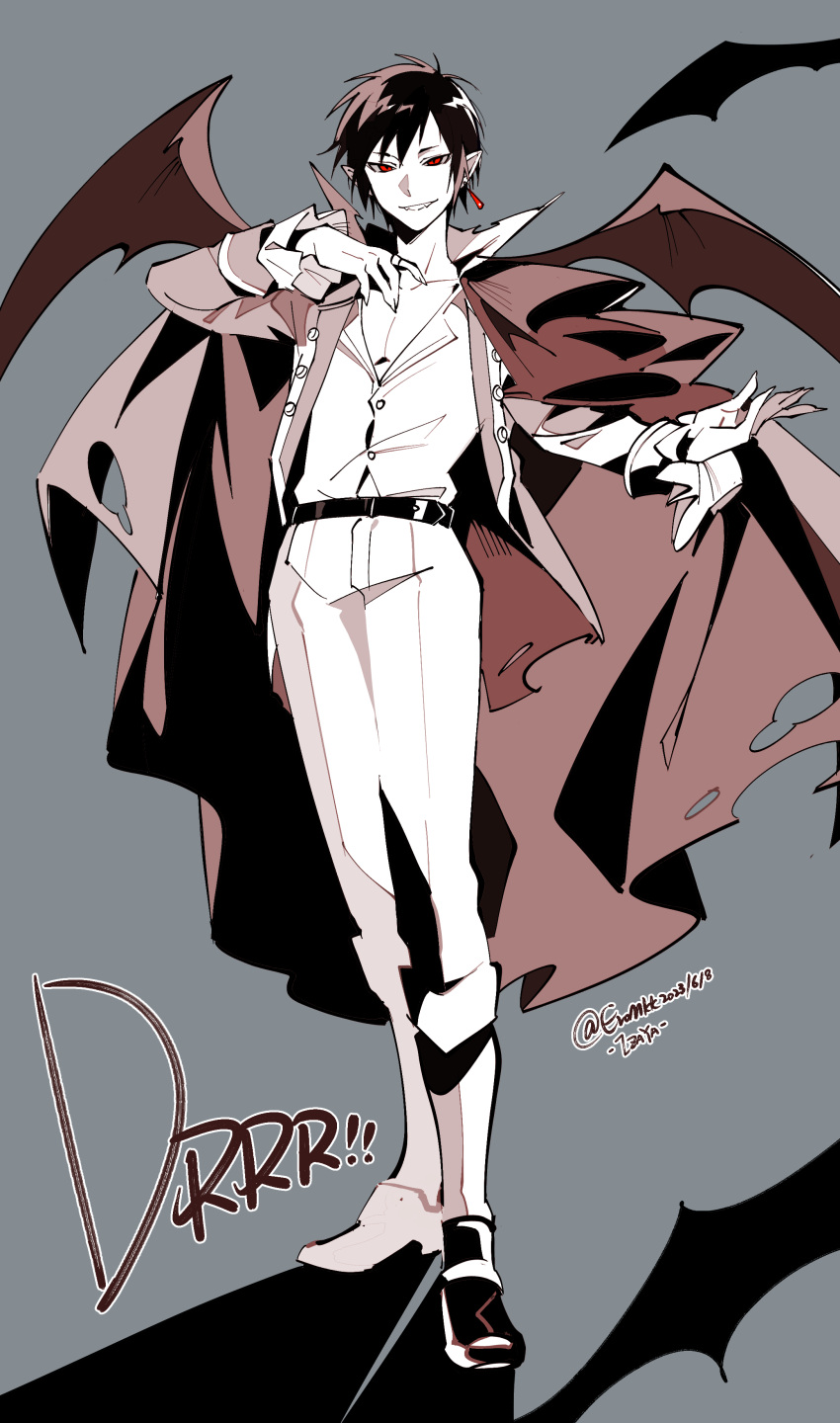 Safebooru - 1boy absurdres arm up bat wings belt belt buckle black hair boots buckle cape coat ...