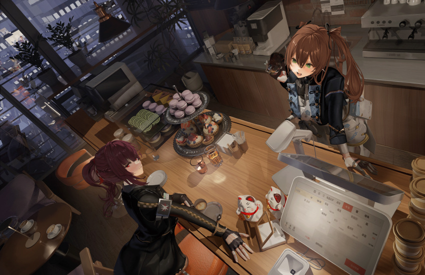 Safebooru - 2girls arm support bar stool brown hair cafe chair ...