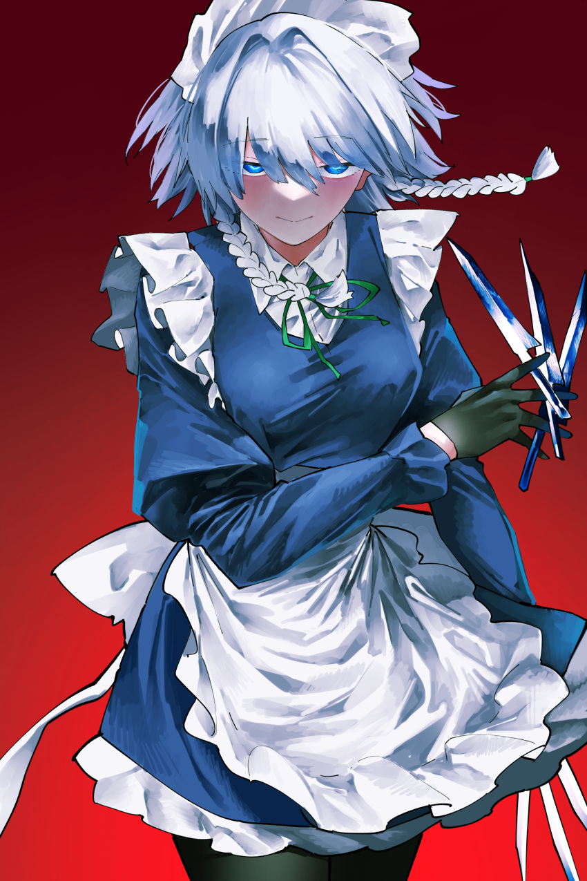 Safebooru - 1girl absurdres apron between fingers black gloves black pantyhose blue dress blush ...