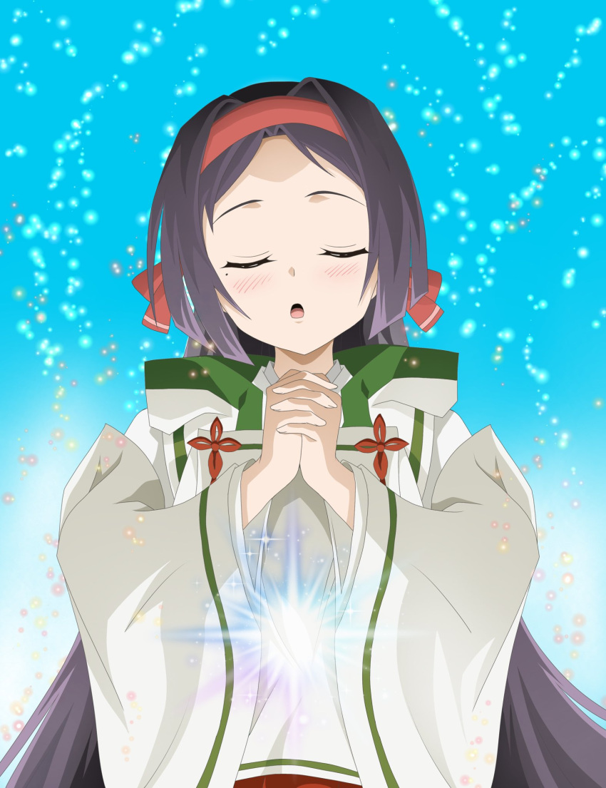 Safebooru - 1girl black hair blue background blush closed eyes facing viewer hairband hakama ...