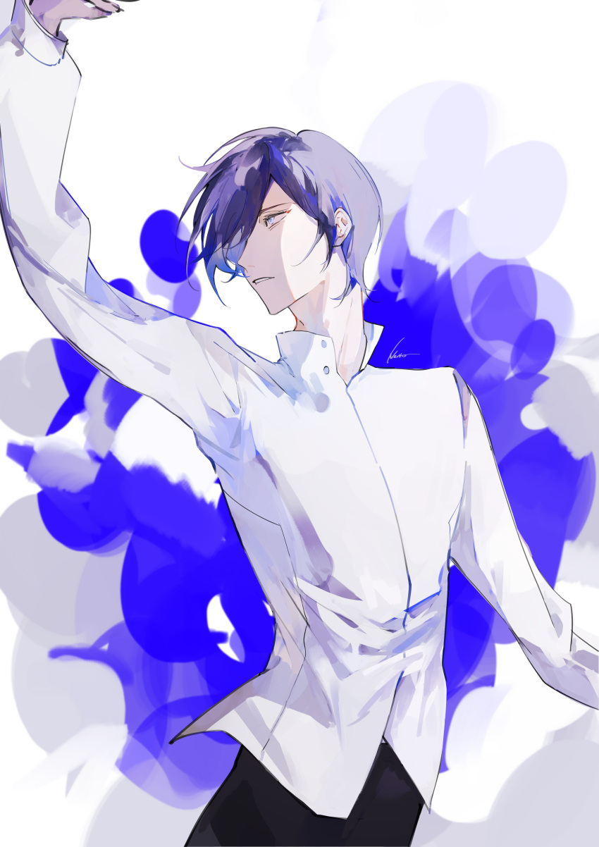 Safebooru - 1boy absurdres black pants blue eyes blue hair buttons ...