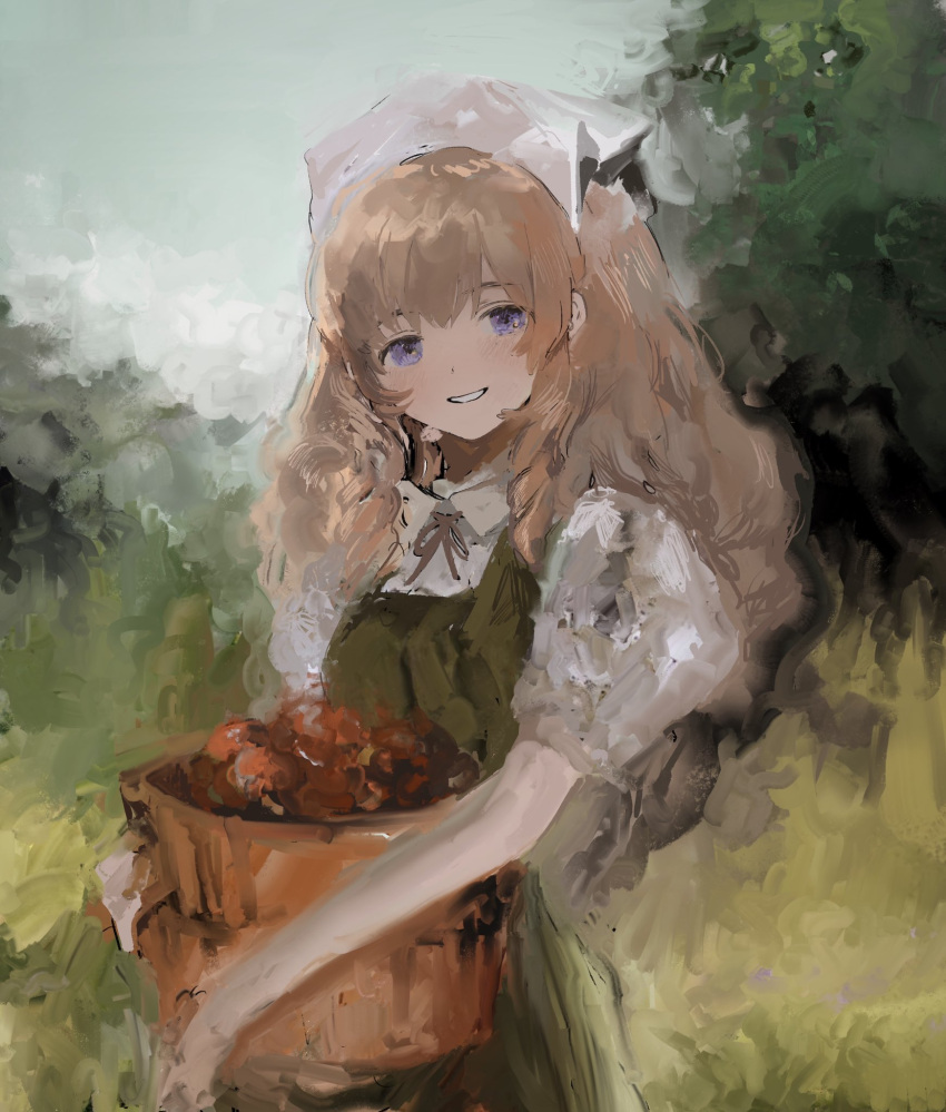 Safebooru - 1girl apple basket blonde hair blue eyes collared shirt cowboy shot dress food fruit ...