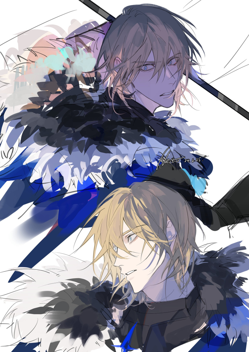 Safebooru - 1boy absurdres black fur blonde hair blue cape blue eyes cape commentary cropped ...