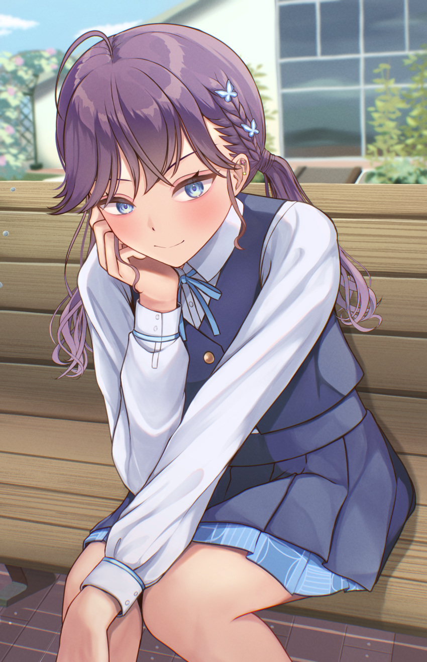 Safebooru - 1girl absurdres ahoge bare legs blue overskirt blue ribbon blue skirt blue vest ...