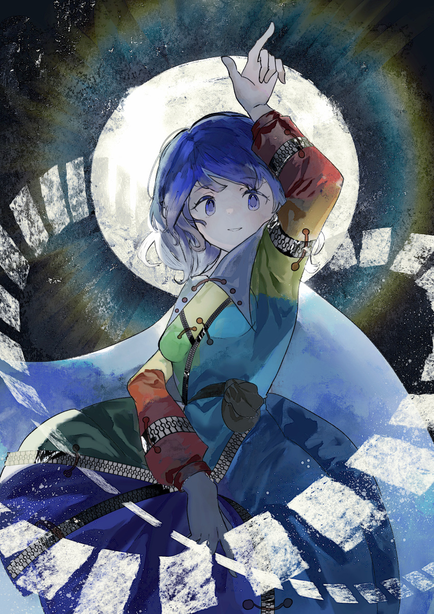 Safebooru - 1girl absurdres arm up blue eyes blue hair dress eyelashes highres index finger ...