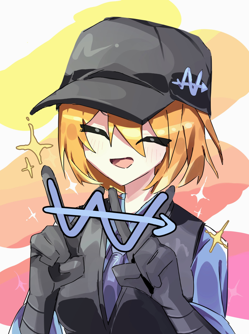 Safebooru - 1girl absurdres baseball cap black gloves black headwear black vest blonde hair blue ...