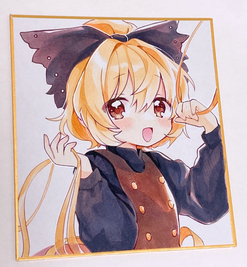 Safebooru - 1girl black bow black shirt blonde hair blush bow brown ...