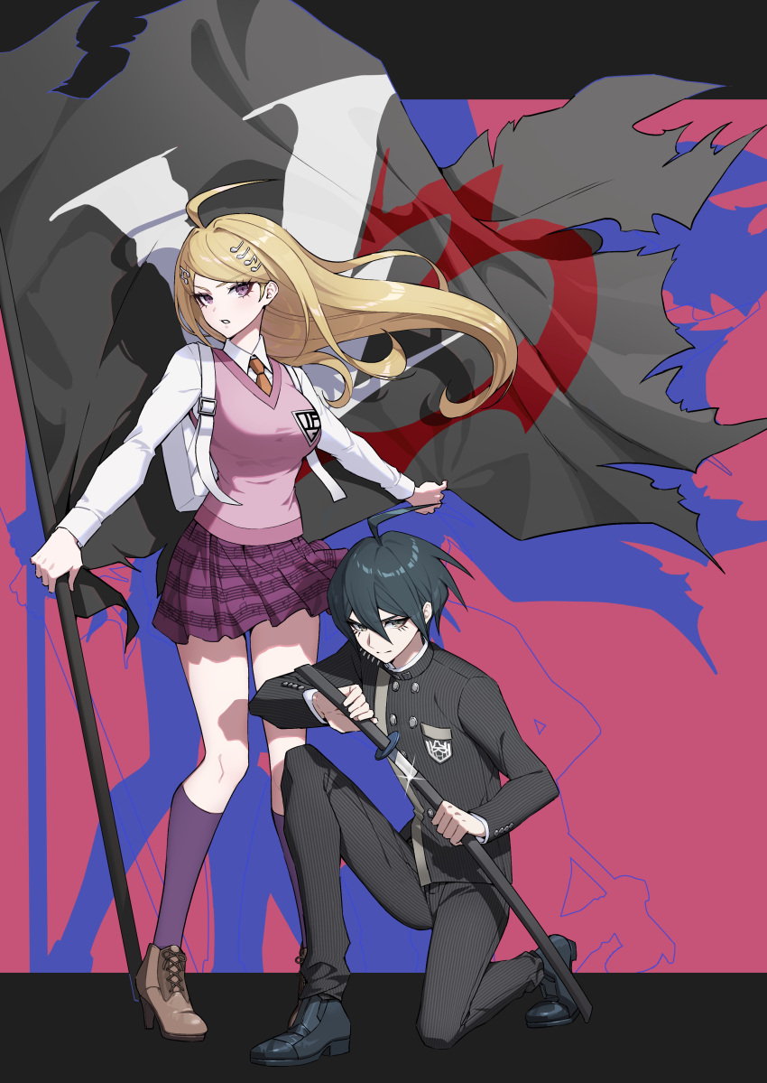 Safebooru - 1boy 1girl :o absurdres ahoge akamatsu kaede black hair black jacket black pants ...