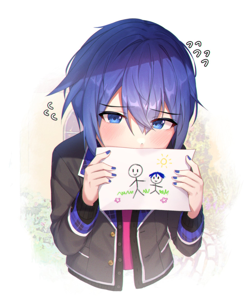 Safebooru - 1boy black jacket blue eyes blue hair blue nails blush ...