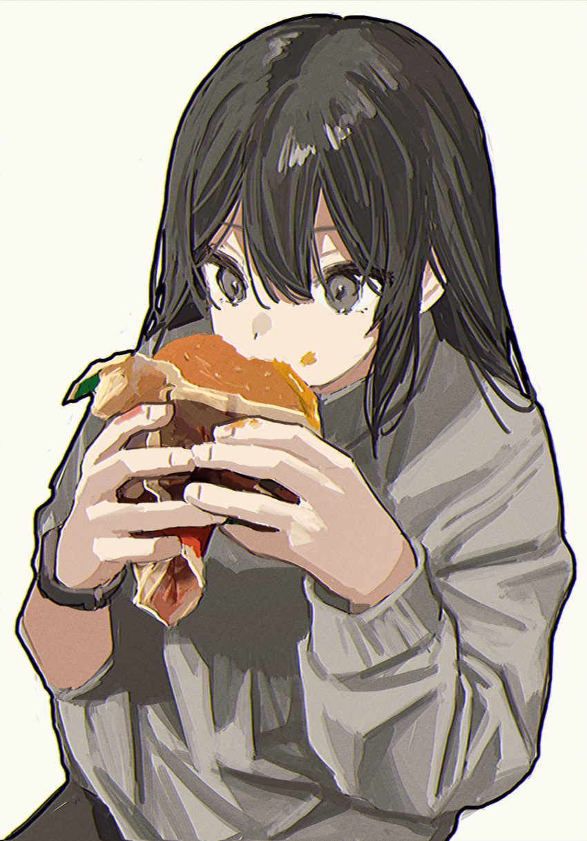Safebooru - 1girl black hair burger commentary eating food food on face food on hand hair ...