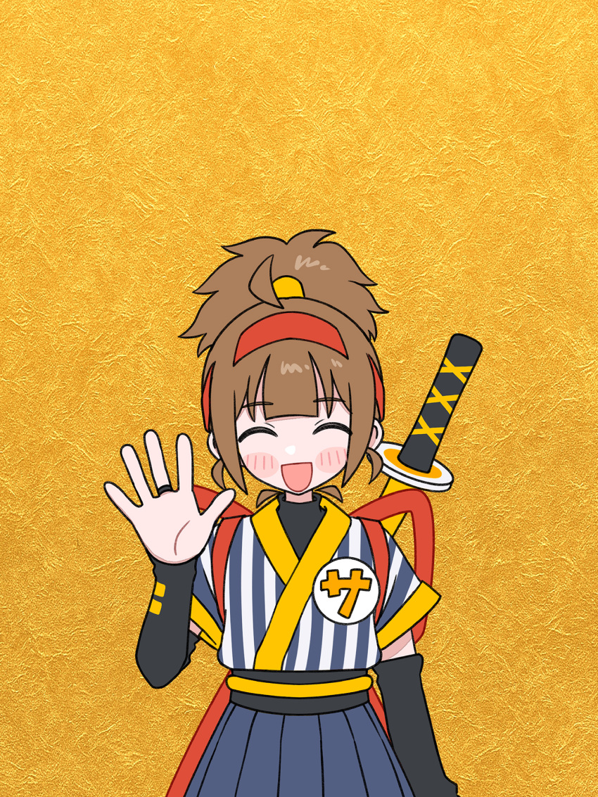 Safebooru - 1girl :d ^ ^ back bow badge blue skirt blush stickers bow brown hair button badge ...