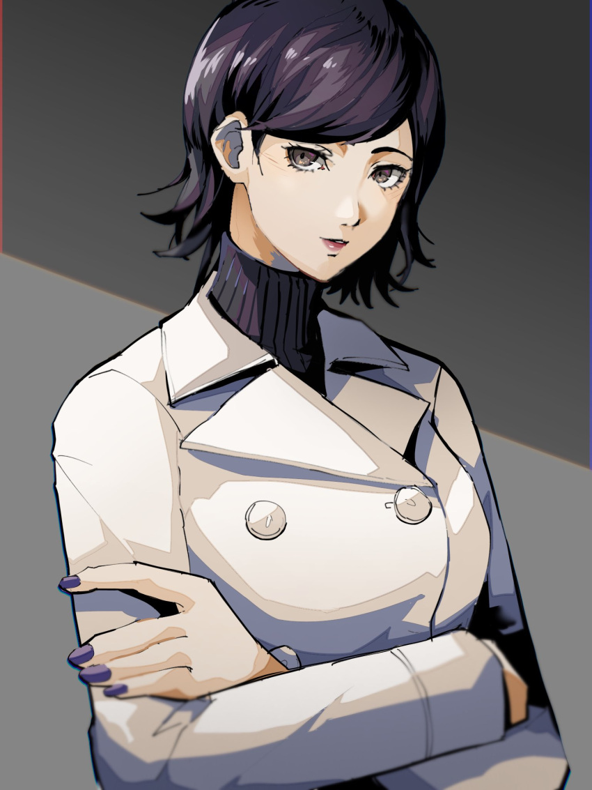Safebooru - 1girl 4me3ba niku brown eyes buttons coat crossed arms grey background highres ...