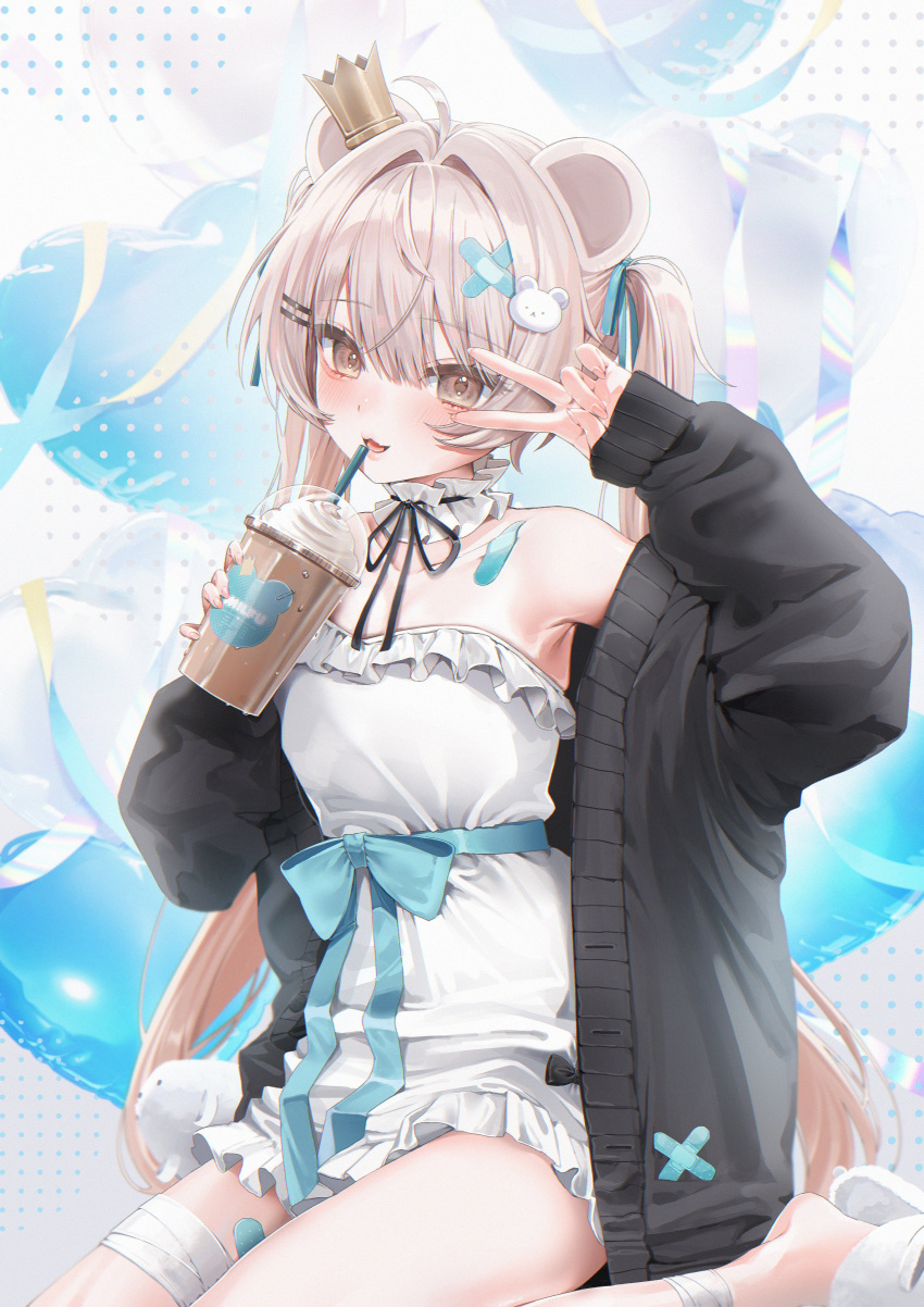 Safebooru - 1girl :3 :d absurdres ahoge animal ears aqua bow aqua ribbon arm up armpit crease ...