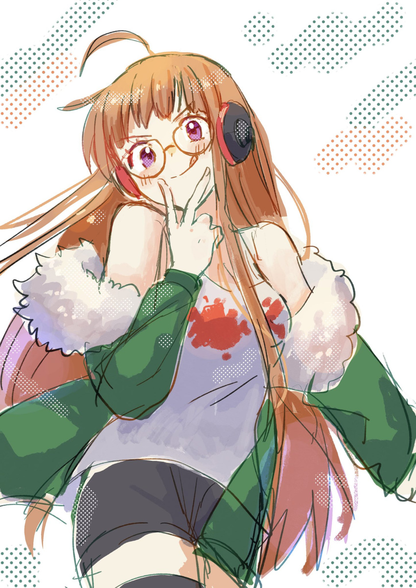 Safebooru - 1girl ahoge bare shoulders behind-the-head headphones black-framed eyewear black ...