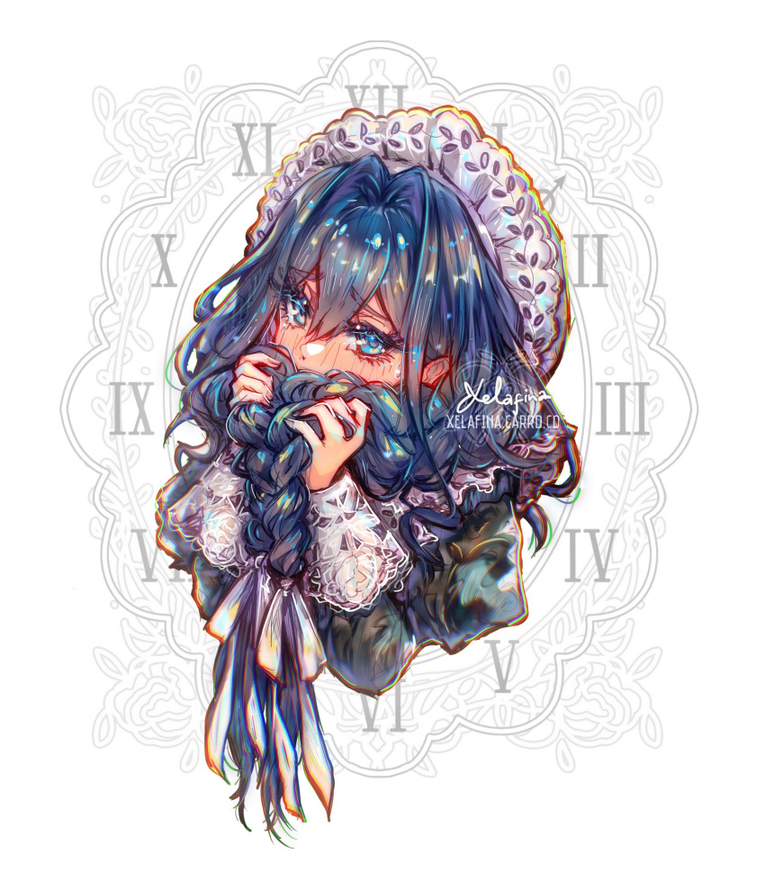 Safebooru - 1girl artist name black dress blue eyes blue hair blush ...