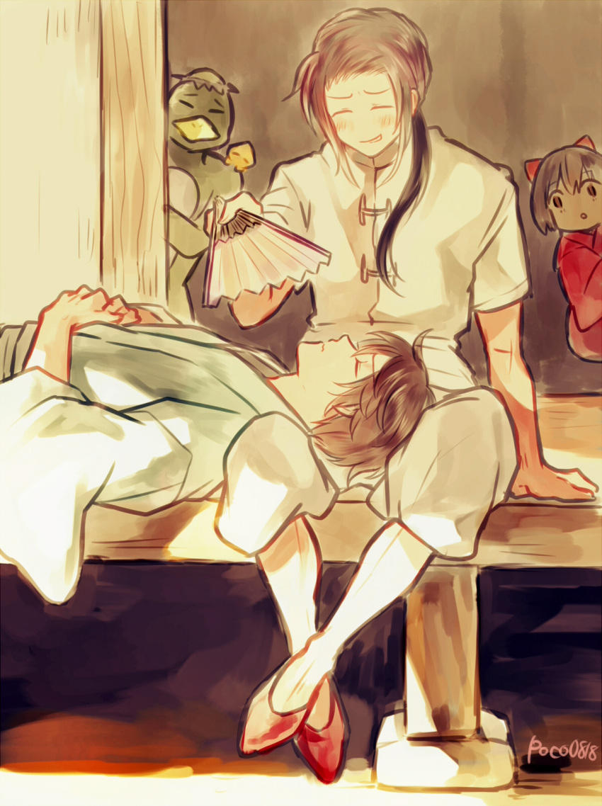 Safebooru - 1girl 2boys axis powers hetalia baggy shorts beak belt bird black hair blue kimono ...