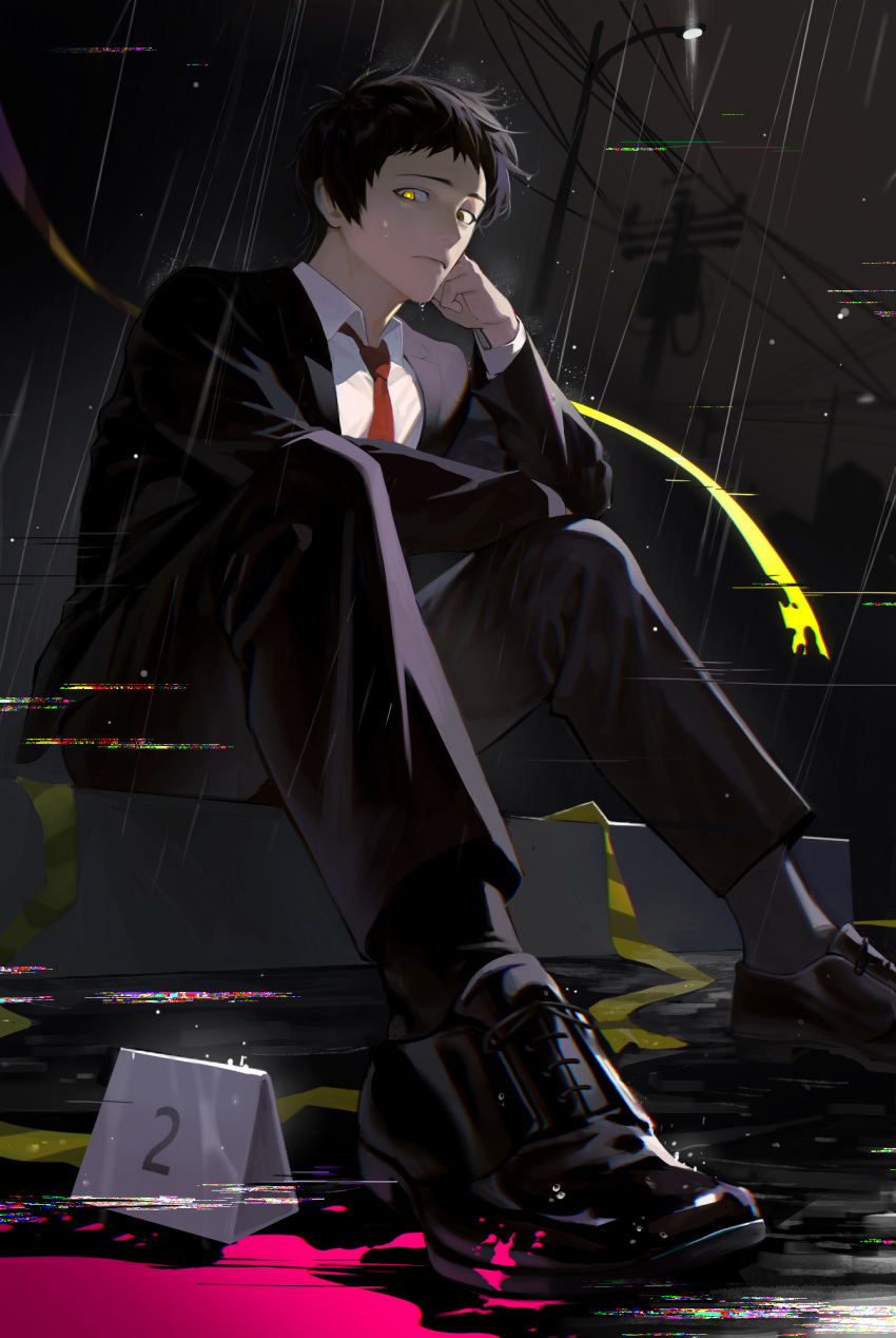 Safebooru - 1boy adachi tooru arm on knee black hair black suit brown ...