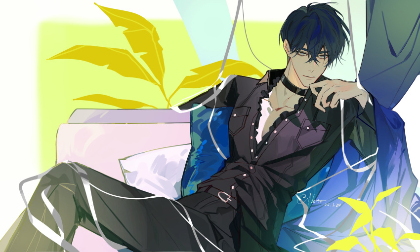 Safebooru - 1boy belt belt buckle black belt black choker black hair black pants black shirt ...