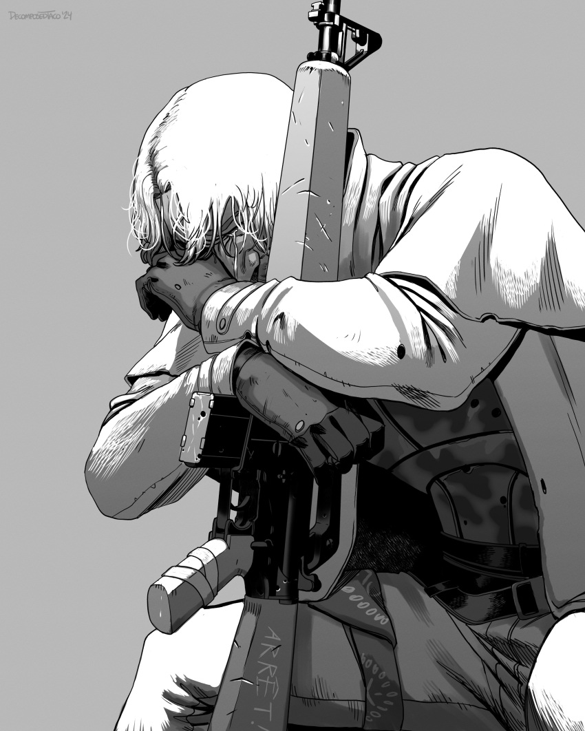 Safebooru - 1boy absurdres ar-15 assault rifle coat crying ...