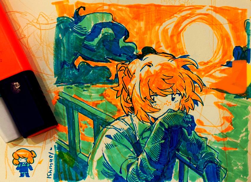 Safebooru - 1girl against railing apron black gloves boots chibi chibi ...