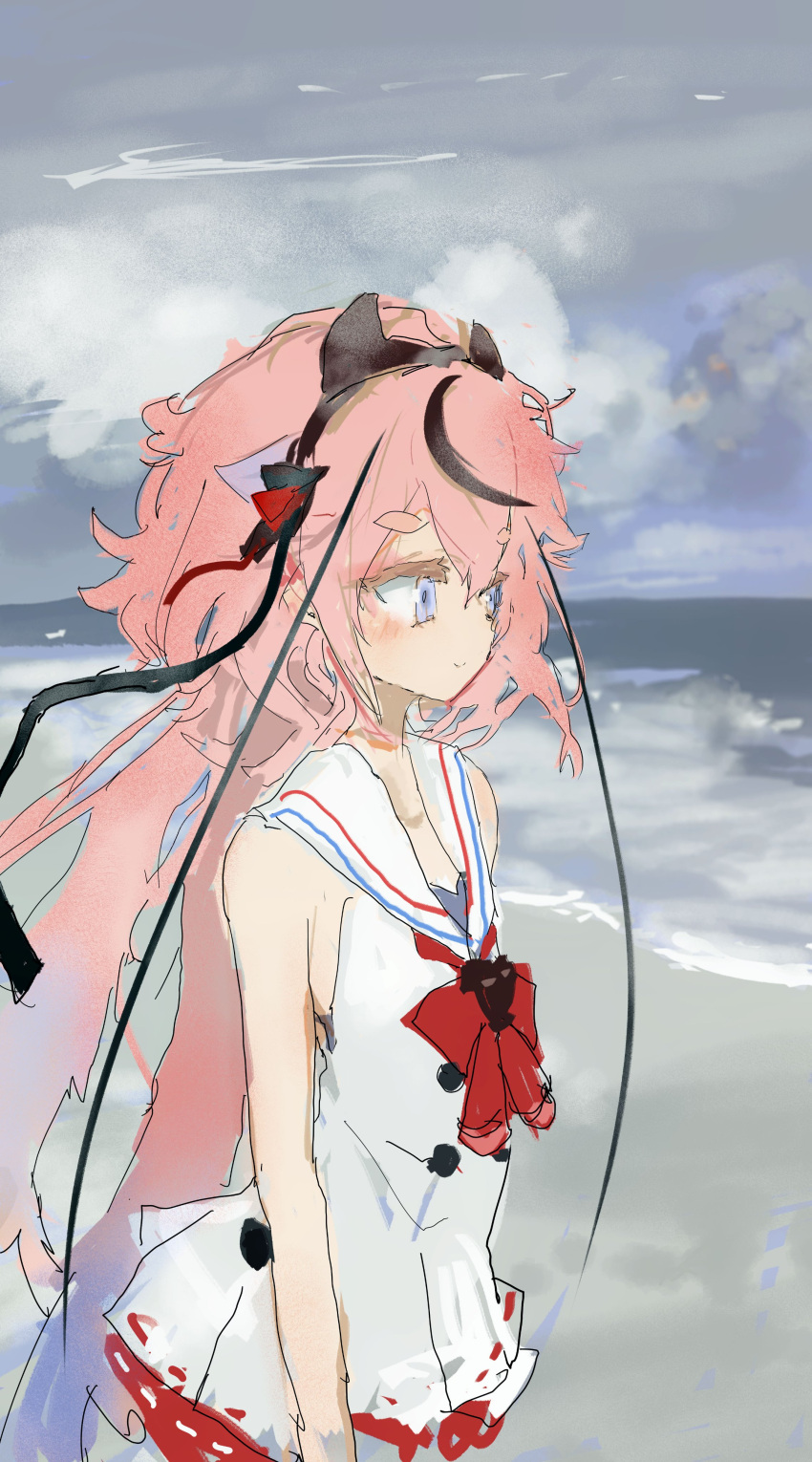 Safebooru - 1girl absurdres arms at sides bare shoulders beach blue eyes buttons closed mouth ...