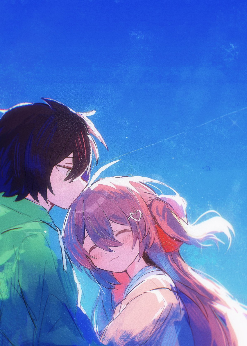 Safebooru - 1boy 1girl ahoge black hair blue background blue sailor collar blush brown hair ...