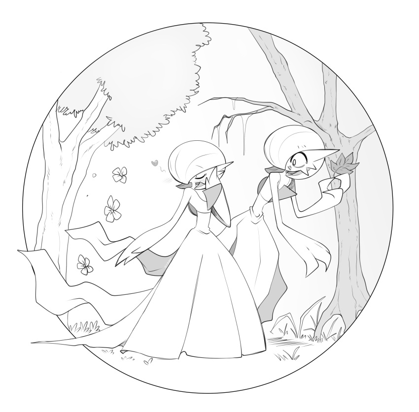 Safebooru - 1boy 1girl absurdres bob cut closed eyes dress flower gardevoir grass greyscale hair ...
