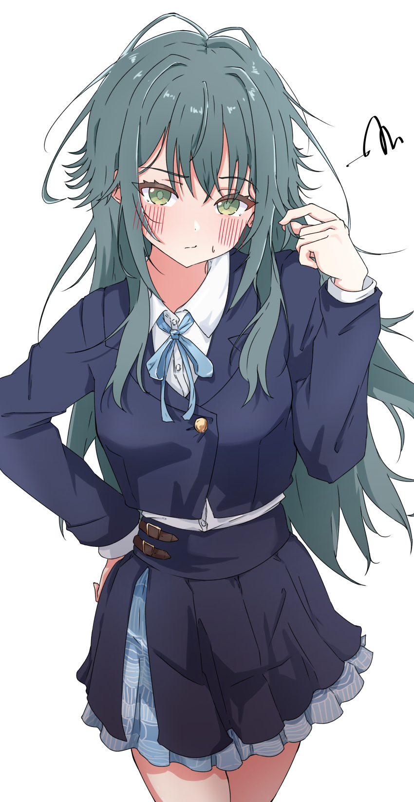 Safebooru - 1girl absurdres antenna hair black overskirt blue jacket blue ribbon blue skirt ...