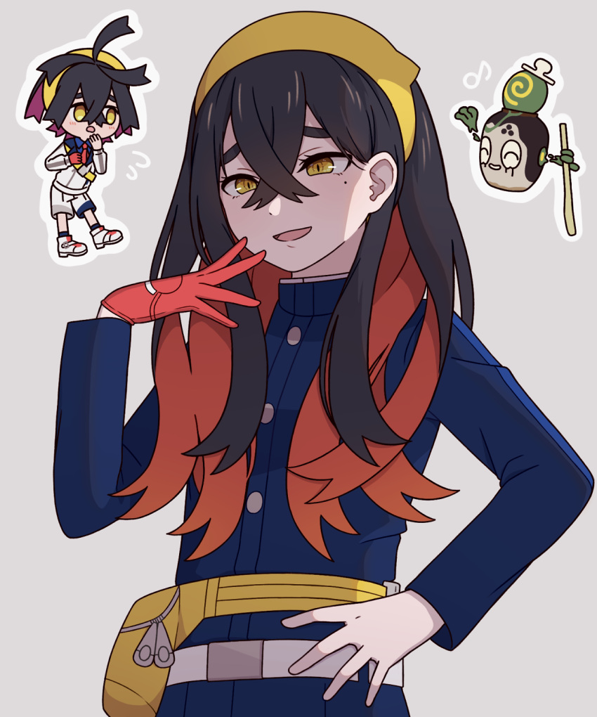 Safebooru - 1girl :d belt belt buckle black hair blue jacket blue pants buckle buttons carmine ...