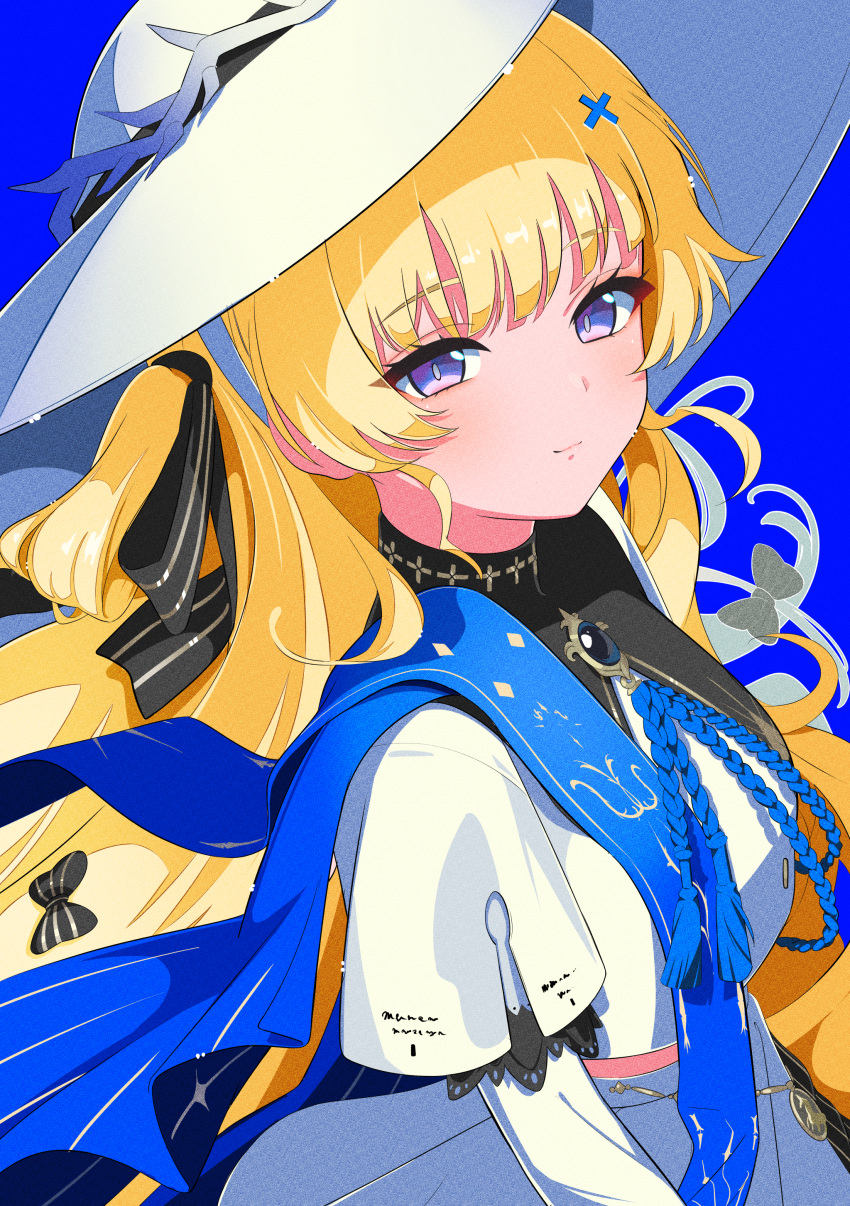 Safebooru - 1girl absurdres black bow black collar blue background blue sash bow closed mouth ...