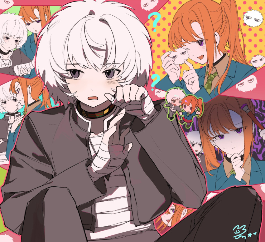 Safebooru - 1boy 1girl ? asymmetrical bangs bandaged hand bandaged torso bandages black jacket ...