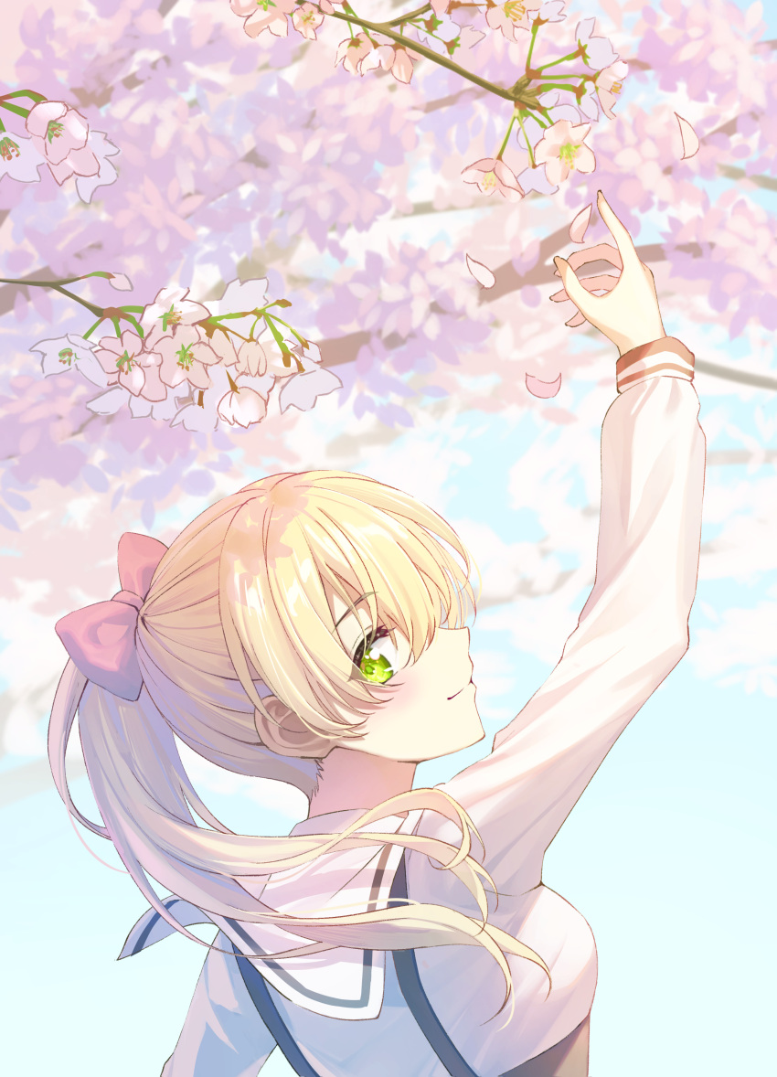 Safebooru - 1girl absurdres arm up blonde hair bow cherry blossoms closed mouth commentary ...