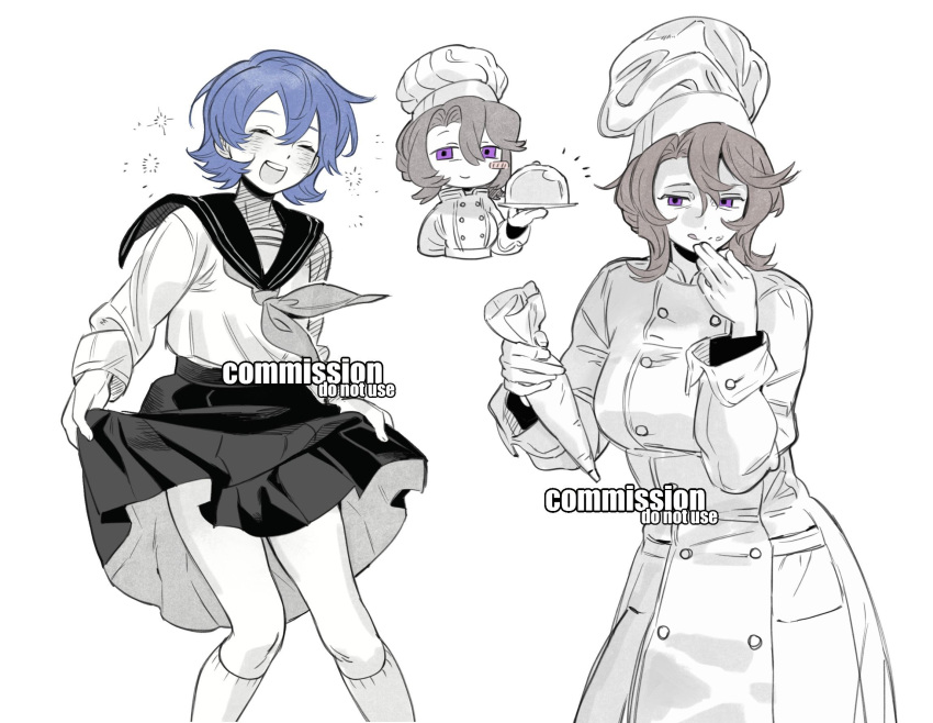 Safebooru - 2girls :d black socks blue hair brown hair chef chef hat chibi hat highres multiple ...