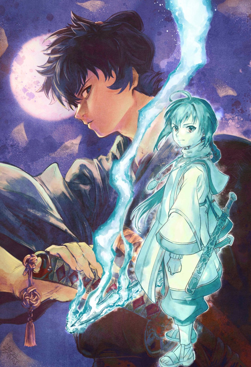 Safebooru - 1boy 1other ahoge androgynous black hair braid braided ...